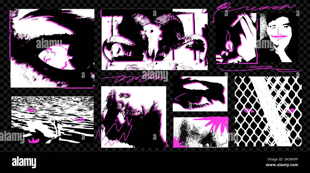 Set of grunge y2k photocopy. Brutal and grain texture. Pop art dirty ...