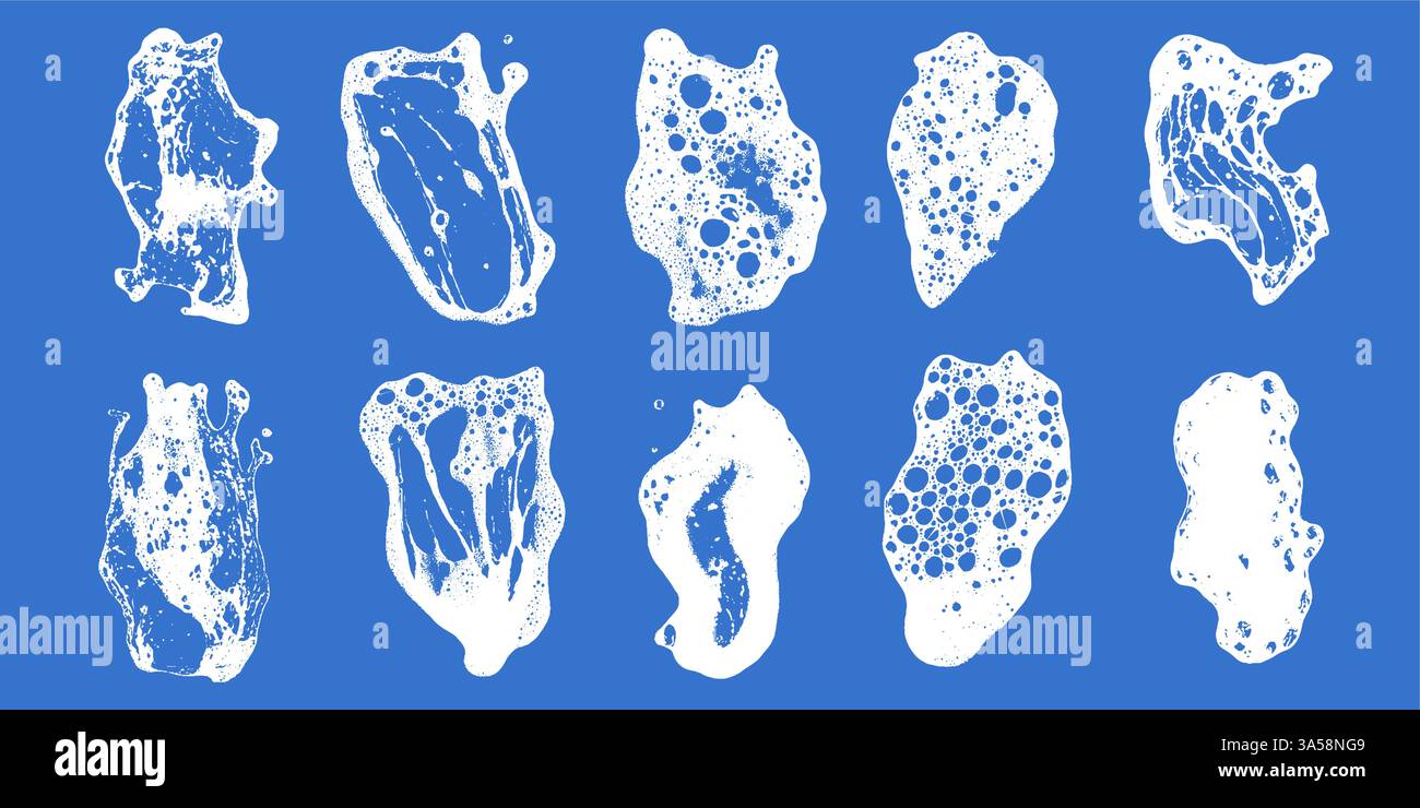 Soap texture foam with grunge stain set on blue background. Wash sponge ...