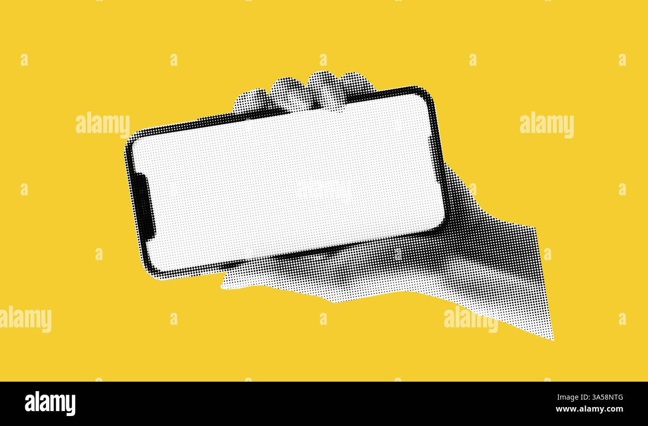 Yellow bg with halftone collage elements. Hand hold phone with empty ...