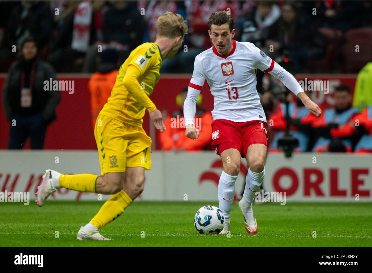 Warsaw, Poland. 21st Mar, 2025. Jakub Kaminski of Poland controls the ...