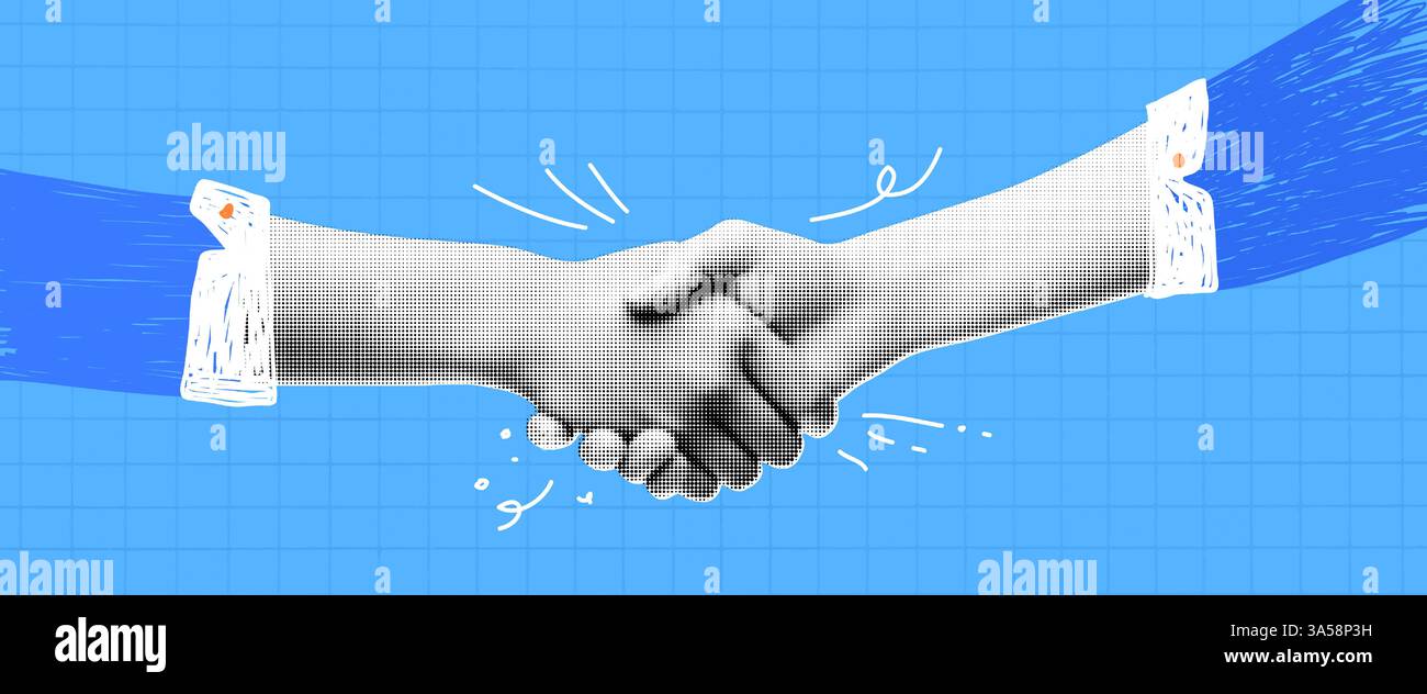 A collage banner with a handshake theme. Womens hands make a deal ...