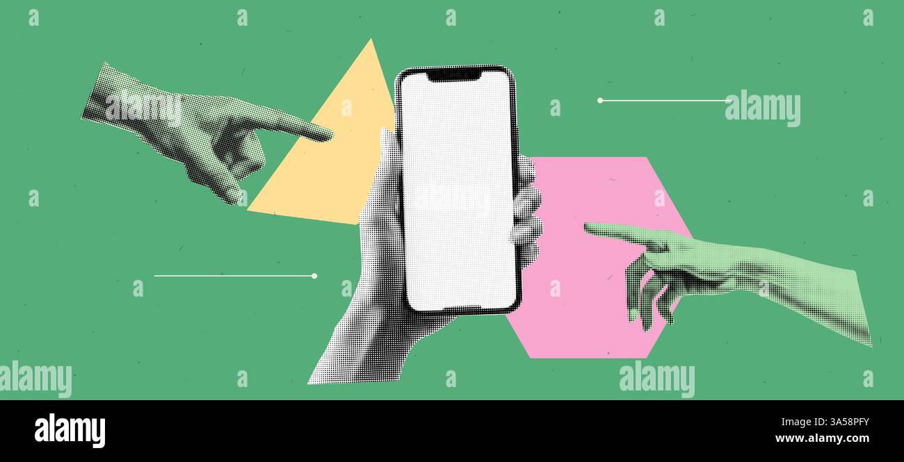 Pop art collage banner with two hand are touching a phone mockup with ...