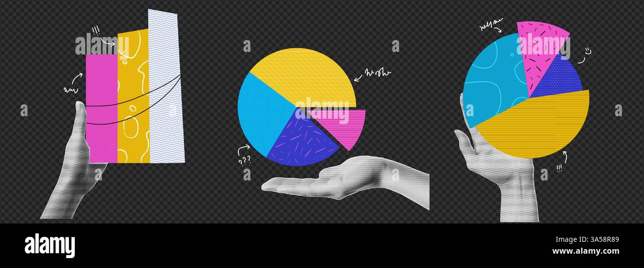 Vector illustration with hands and graphics. Halftone collage in ...