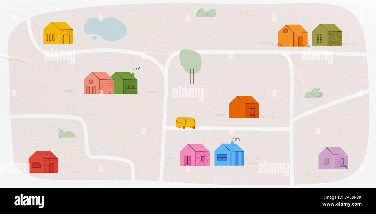 Cute map in cartoon style with trendy simple buildings with textures ...