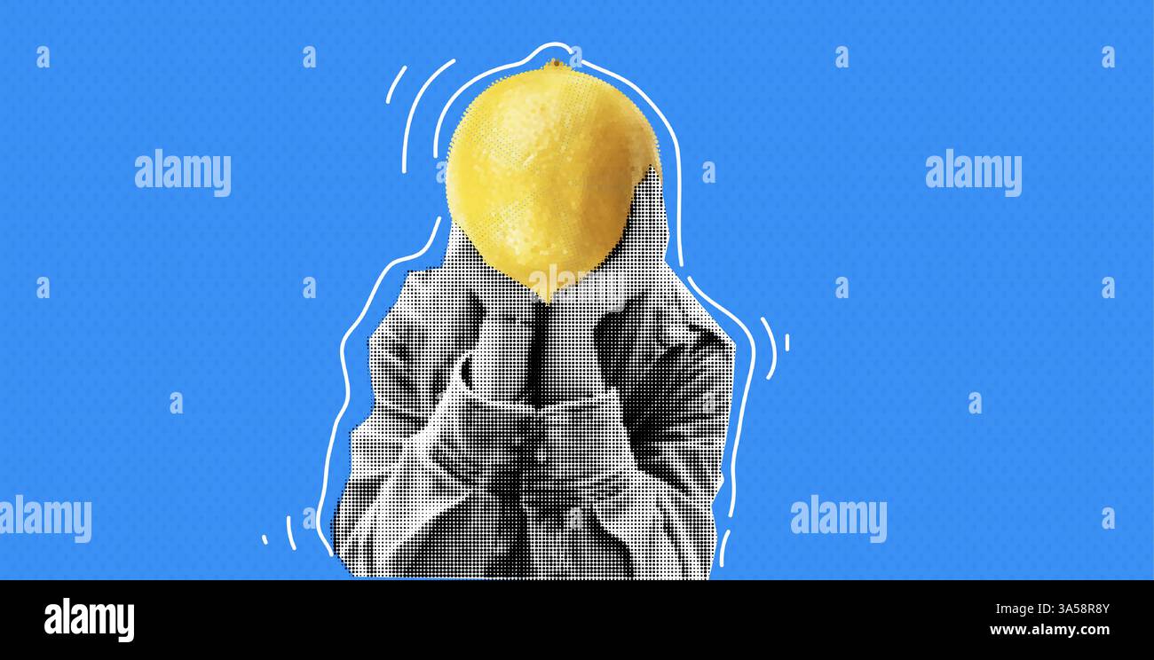 Contemporary Collage at the food concept. Woman with lemon head ...