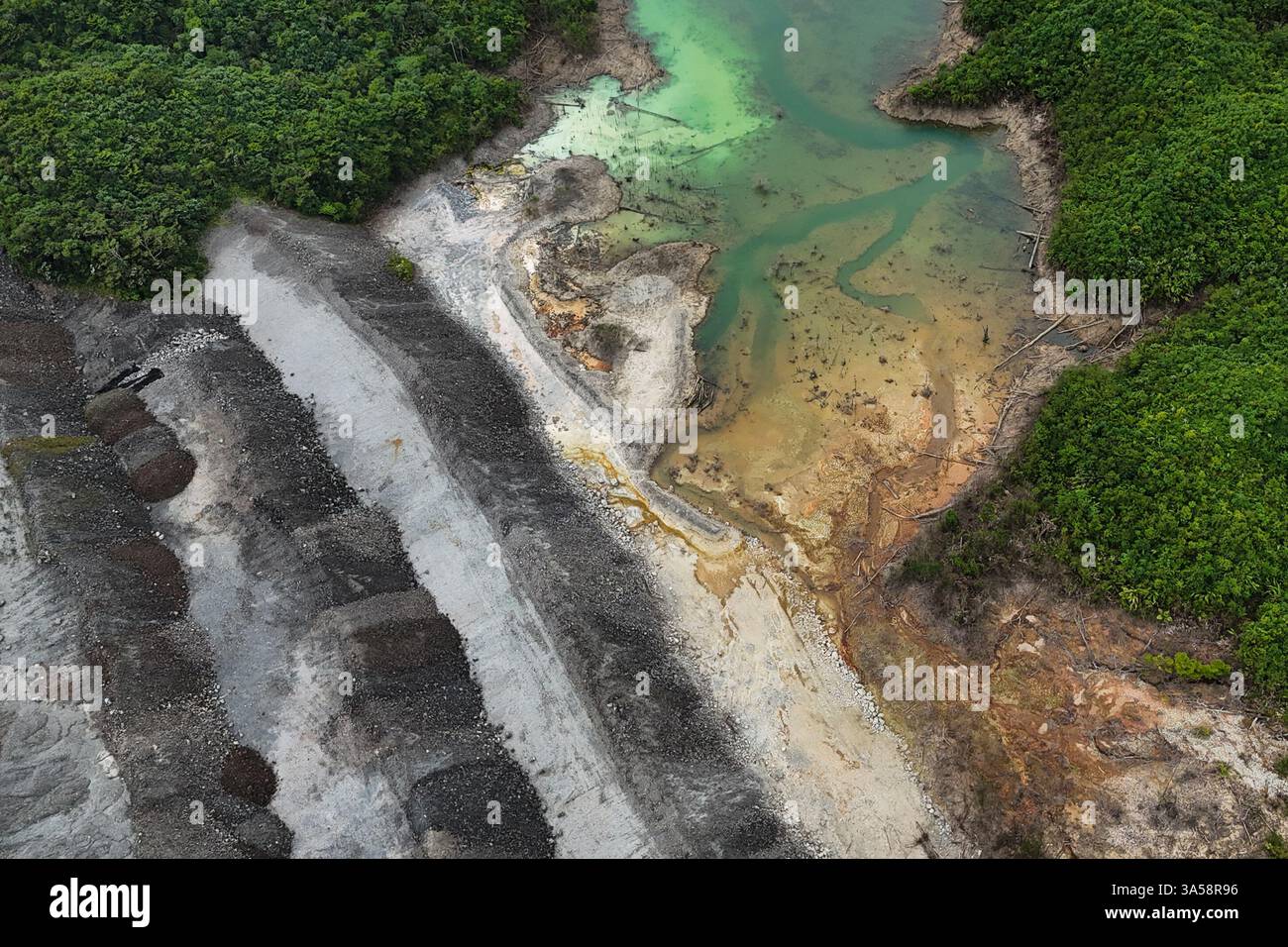 Overburden sits next to a sump at the Cobre Panama copper mine during a press tour of the mine ...