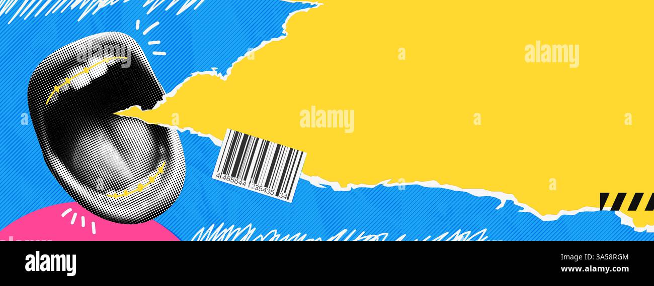 Vector collage contemporary grunge banner. Woman mouth announcing crazy ...