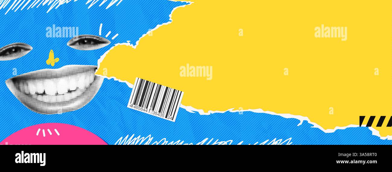 Vector collage grunge banner. Mouth smiling announcing crazy promotions ...