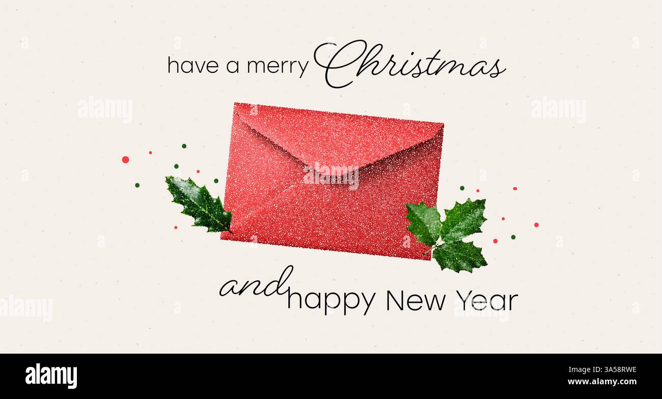 Christmas-themed card with red envelope and confetti and leaves ...