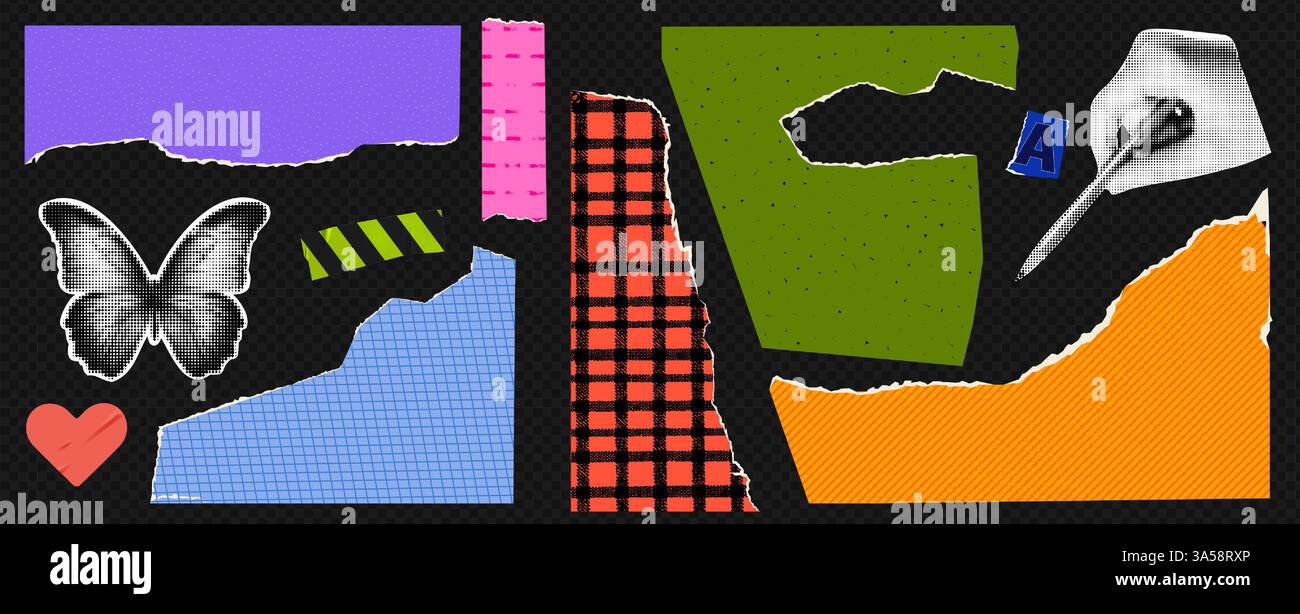 A set of trendy elements for collage. Vector torn vibrant texture paper ...
