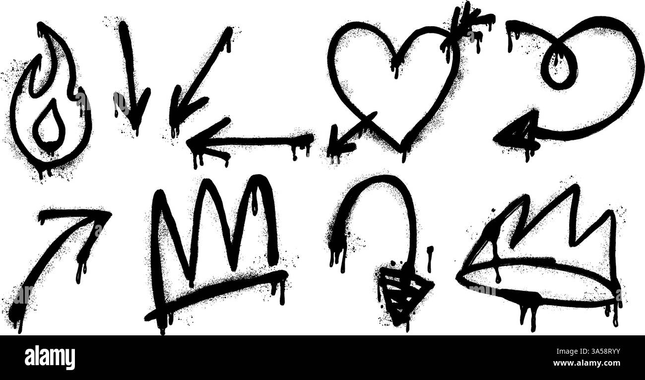 Urban vector art set featuring a spray painted crown, fire, curved ...