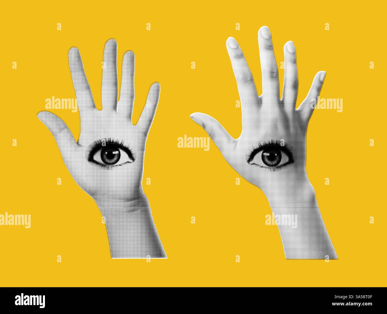 Two hands with an eye on them. Isolated element for collage on purple ...
