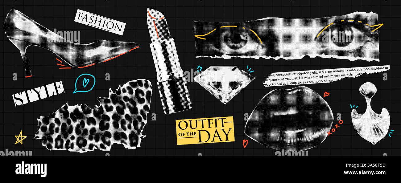 Collage element set on bright blue checkered background with yellow doodles. Style halftone for ...