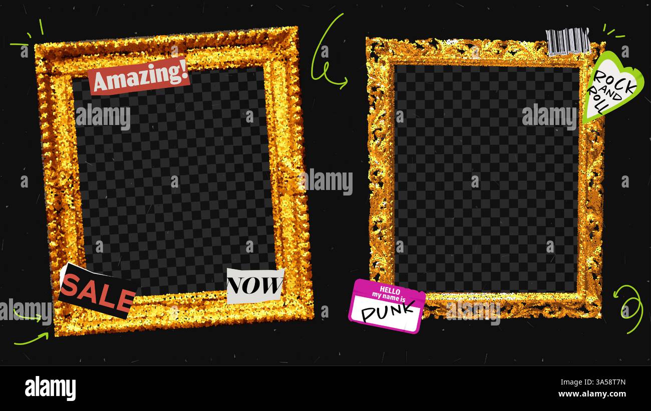 Transparent photo frame and sticker vector template. Collage set with ...