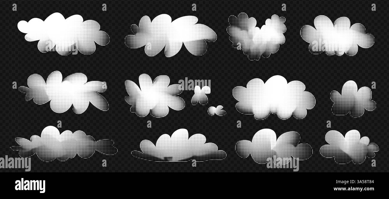 Simple white clouds with halftone texture set. Cute and kawaii elements ...