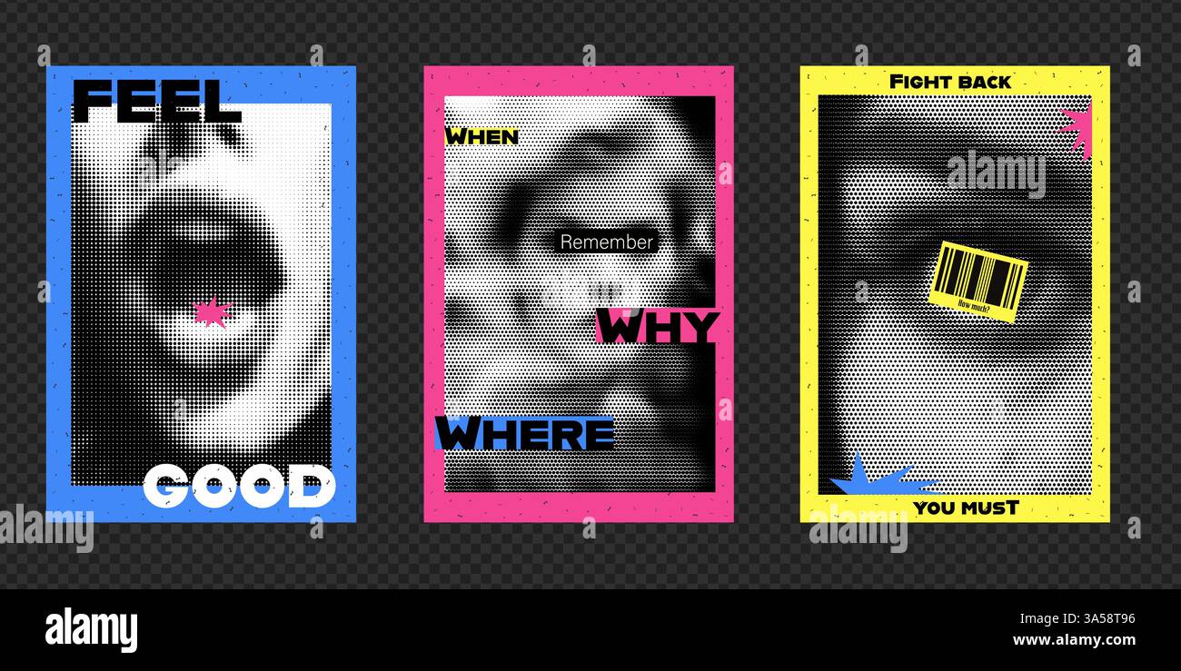 Flyers with halftone-style photos. Photo of a woman with her mouth open ...