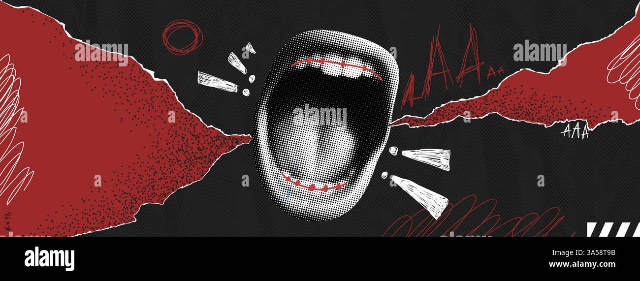 Banner with open scream mouth. Pop art and punk background. Poster with ...