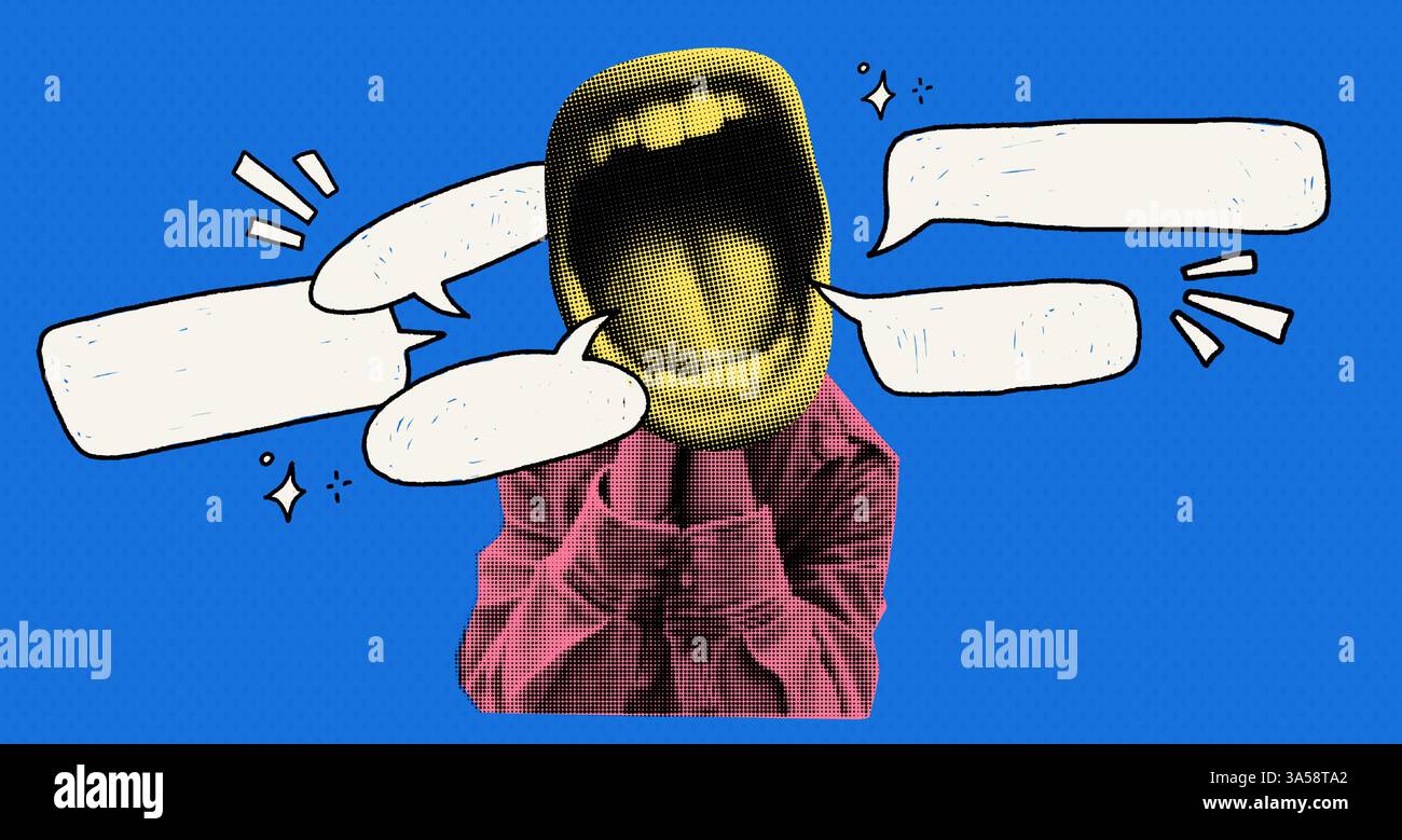 Retro comic collage featuring a mouth shouting with Speech bubble ...