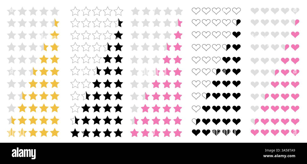 Vector icon set of star and heart symbols. Point rating shapes in ...