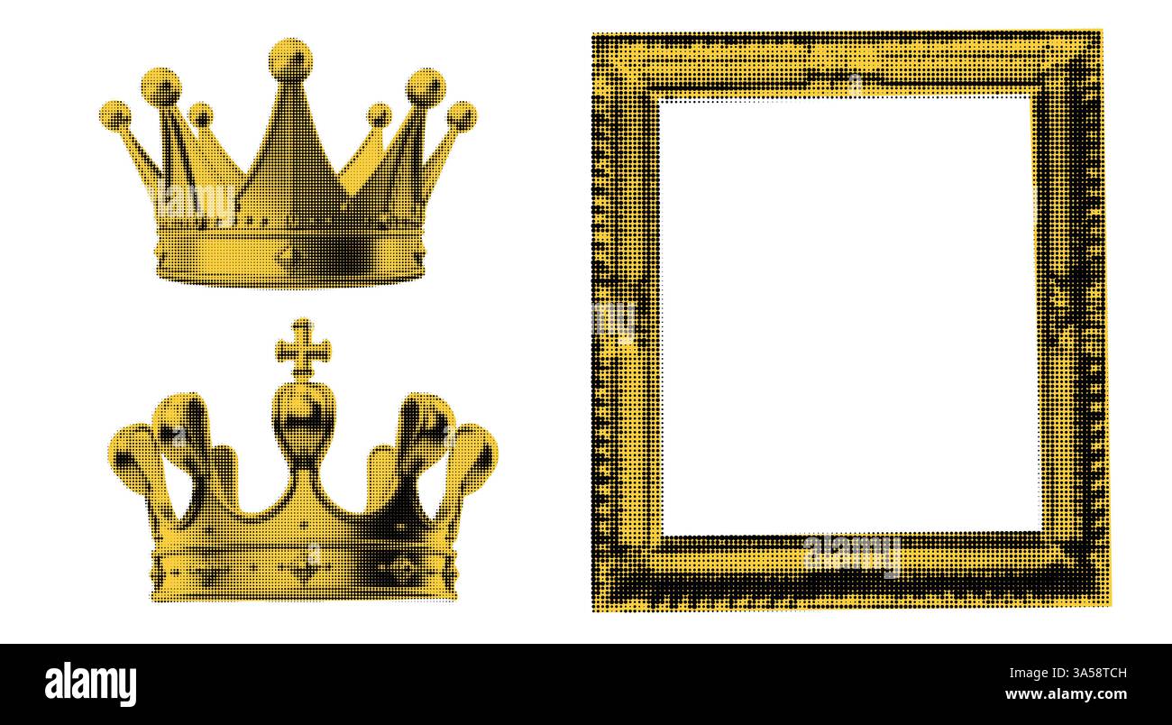 Gold glitter collage photo frame template with a transparent crown set ...