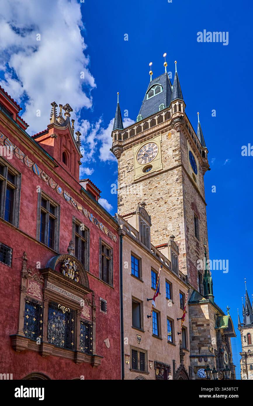 Clock tower with the Astronomical clock on the exterior of the old town ...