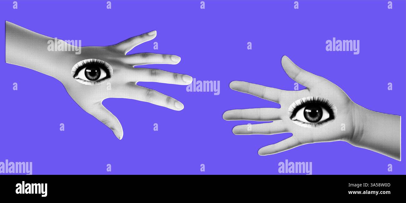 Two hands with an eye on them. Isolated element for collage on purple ...