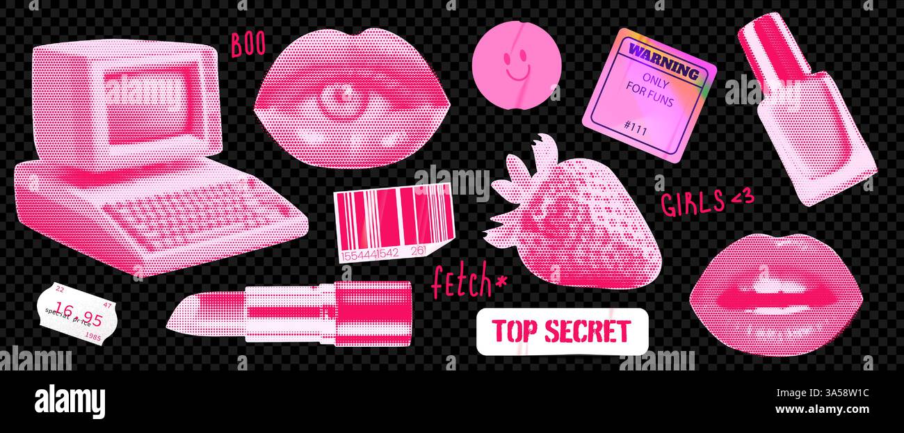 Elements for collage in halftone processing. Girly vibe of the 2000s ...