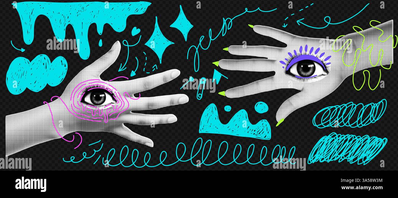 Two hands with an eye on them. Isolated collage element on transparent ...