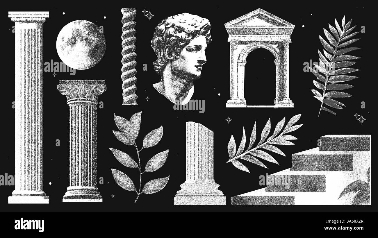 Collage halftone set with Greek sculpture and column. Vector art of ...