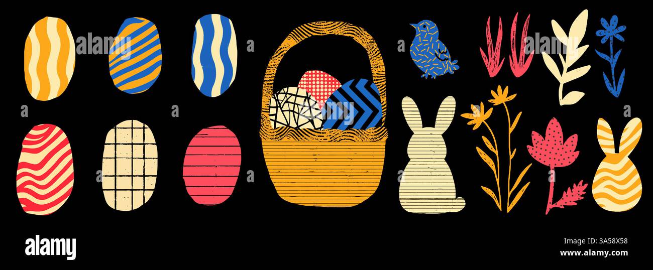 Bright and colorful Easter egg designs combined with playful bunnies ...