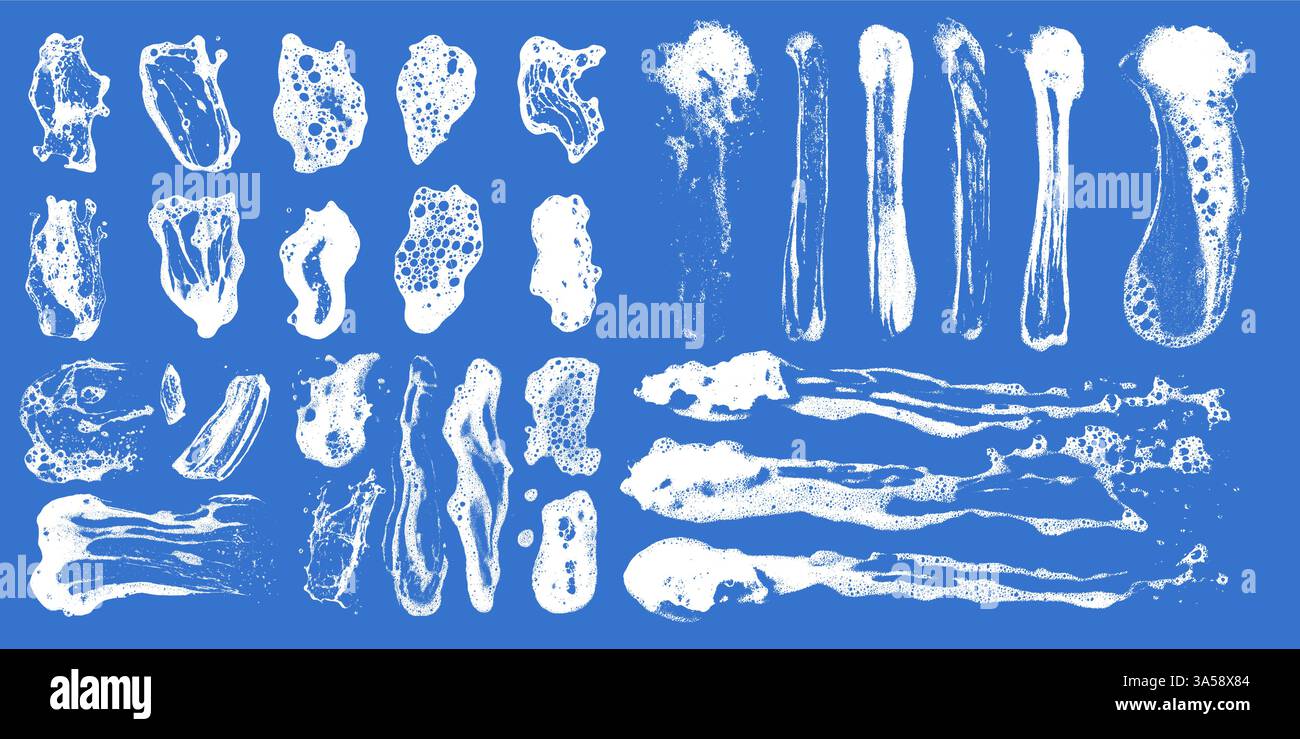 Soap texture foam with smear and splash in grunge set. Blue background ...