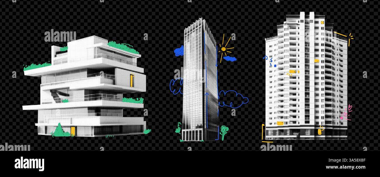 Kit with collage elements of houses in halftone style. Skyscrapers cut ...