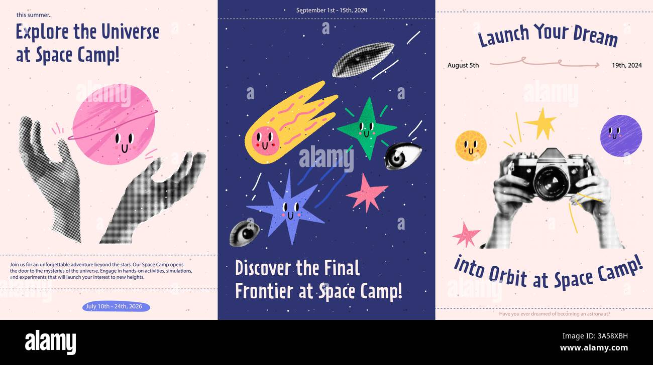 Fantasy doodle invitation with colorful space and collage elements ...