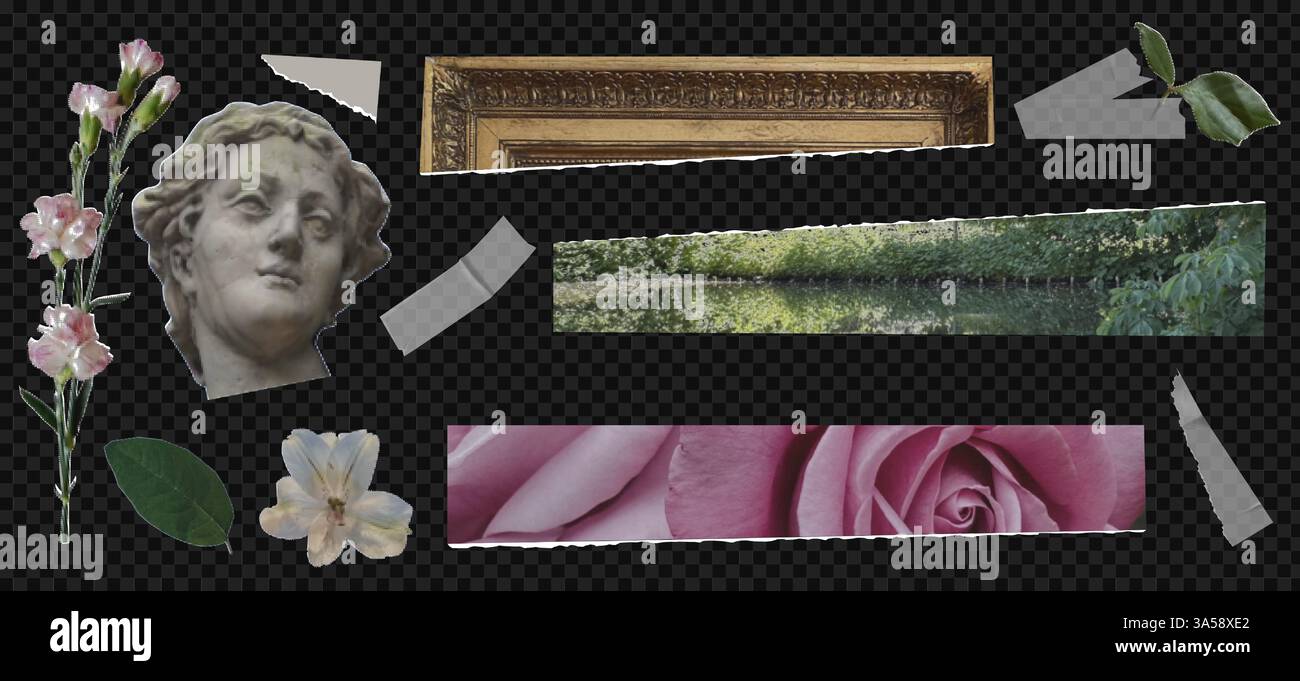 Collage kit of vintage elements. Sculture head and flowers and pieces ...