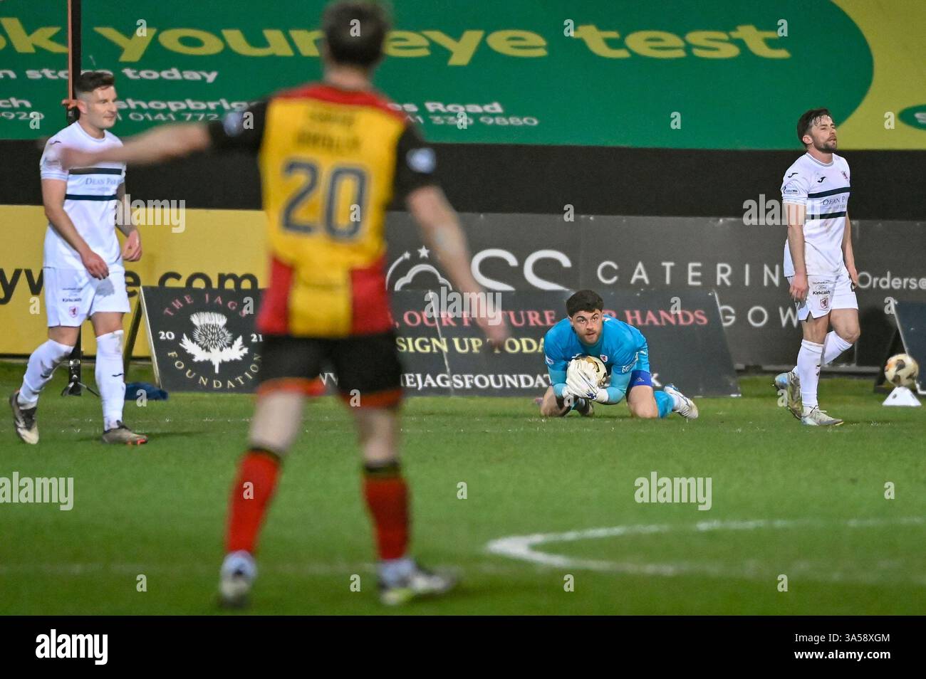 Glasgow, Scotland, UK. 21st March, 2025. Josh Rae of Raith Rovers holds ...
