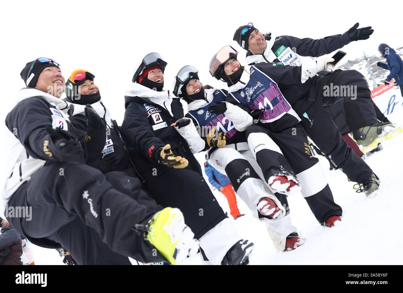The Japanese team pose for photo after all competitions of Freestyle World Ski Championships in ...