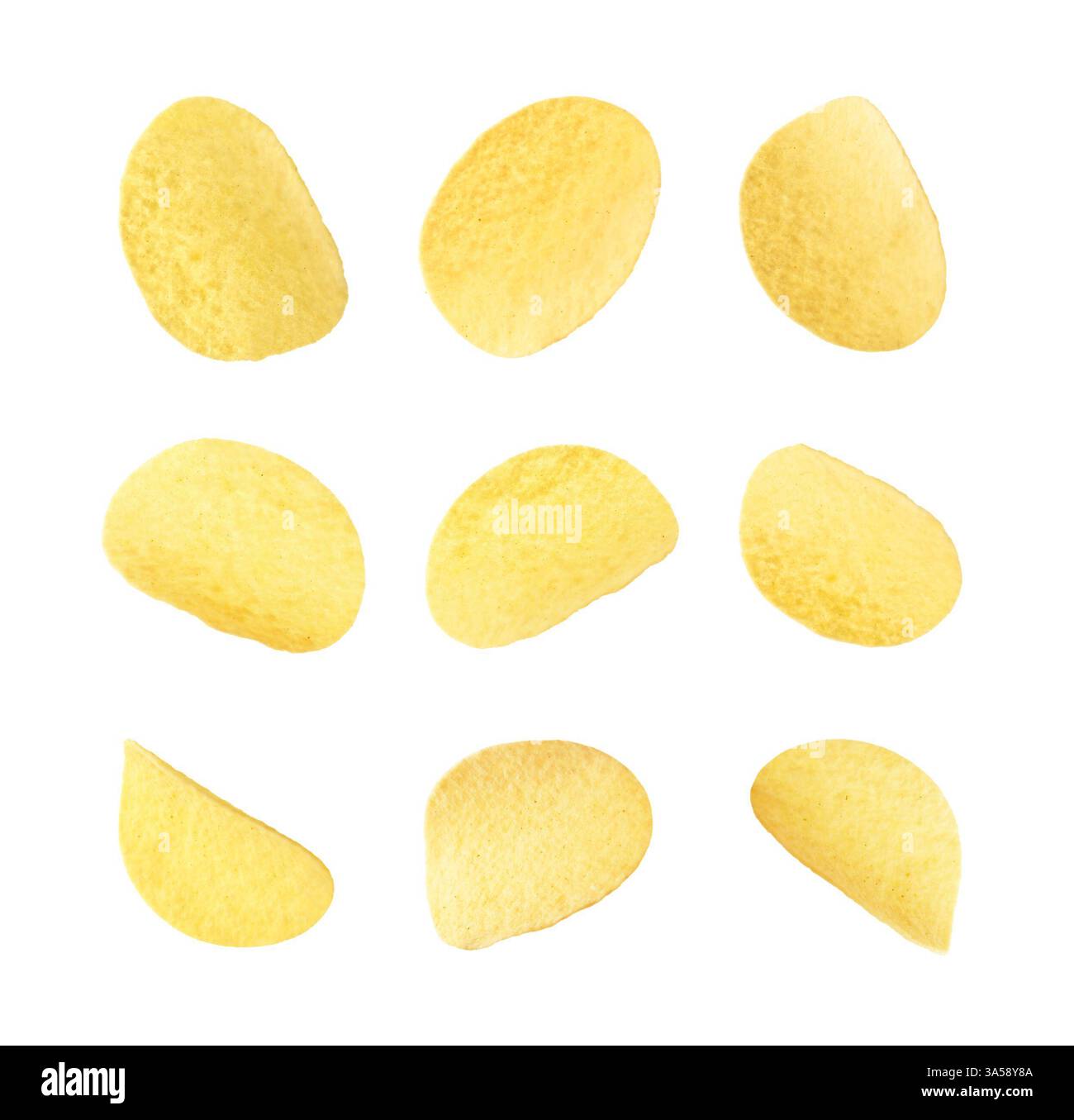 Tasty crispy potato chips on white background, collage Stock Photo - Alamy