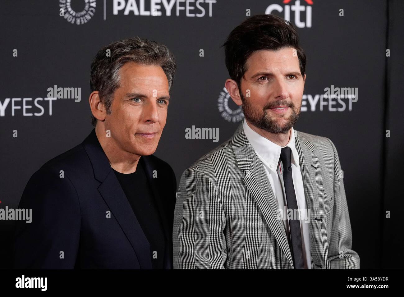 Ben Stiller, left, and Adam Scott arrive at a screening of "Severance ...