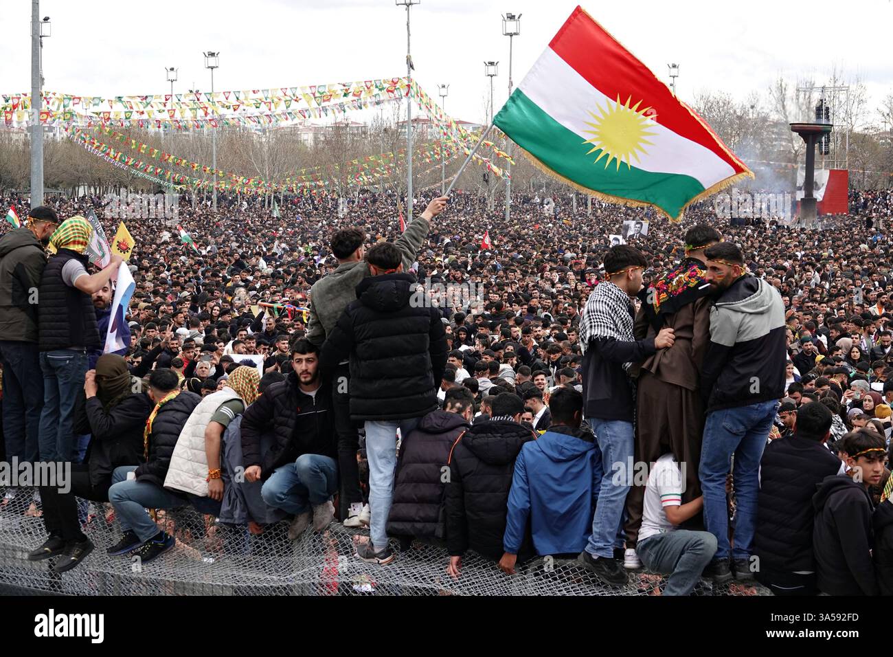 A demonstrator waving the Kurdistan flag is seen during the Newruz ...