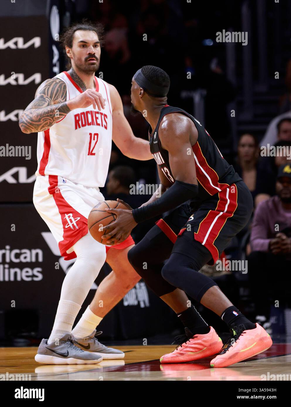 Houston Rockets center Steven Adams (12) defends Miami Heat center Bam ...
