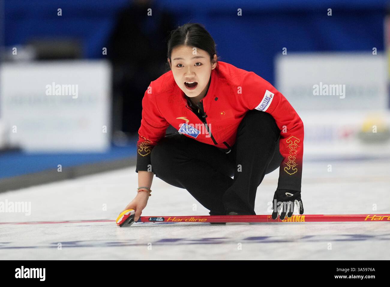 China's Han Yu calls the sweep during the qualification match against Sweden at the World Women ...