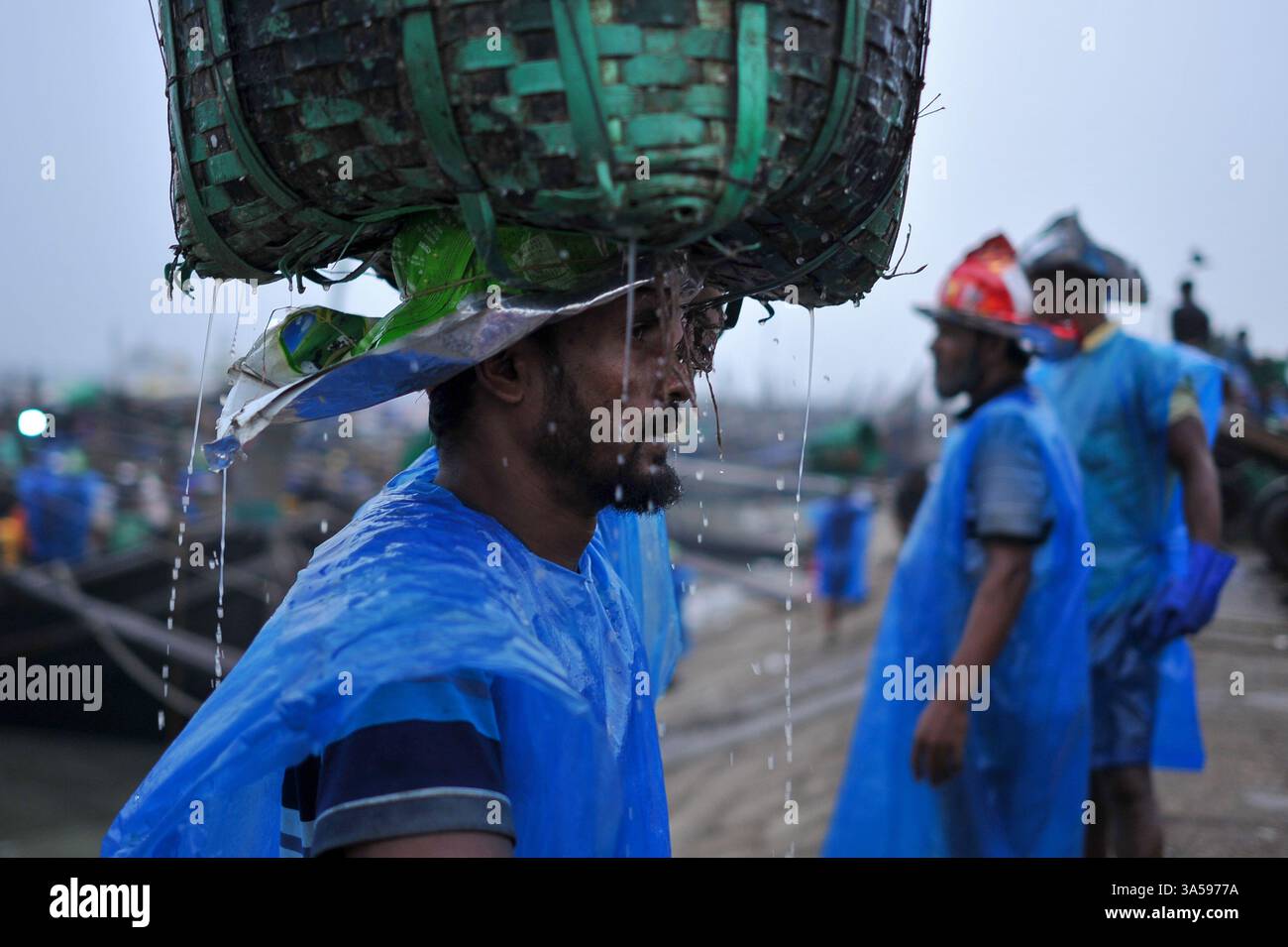 Workers unload fish from the boats at the Chattogram fishery ghat ...