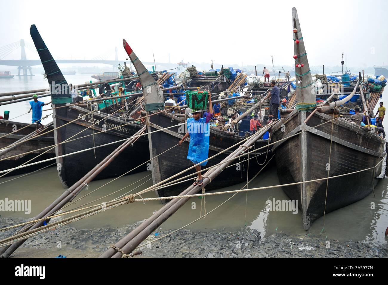 Workers unload fish from the boats at the Chattogram fishery ghat ...
