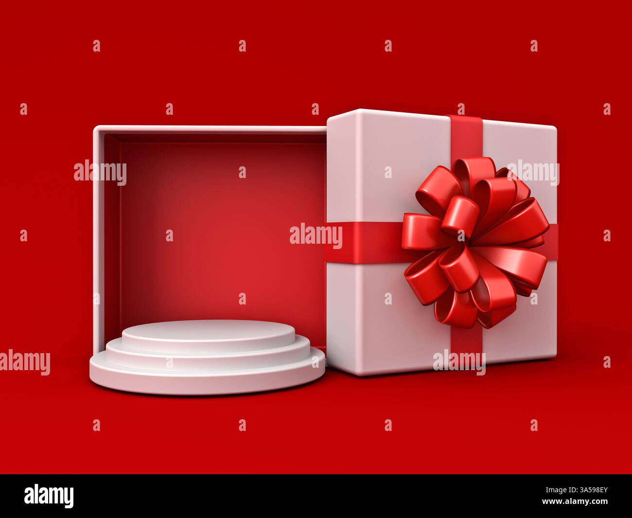 Blank white round podium stage pedestal in red exhibition booth gift ...