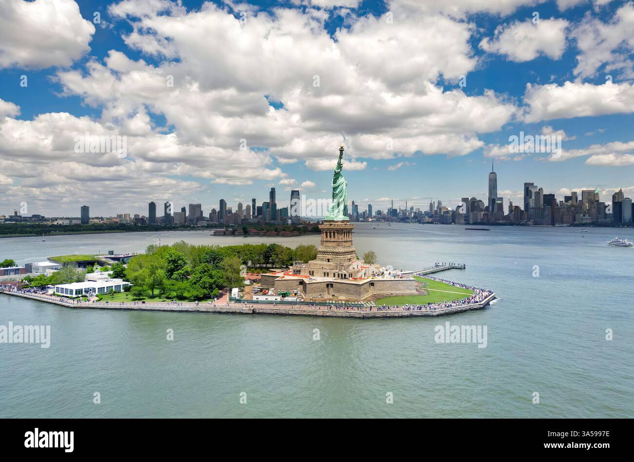 New York City with statue of liberty photo from drone. Aerial view of ...