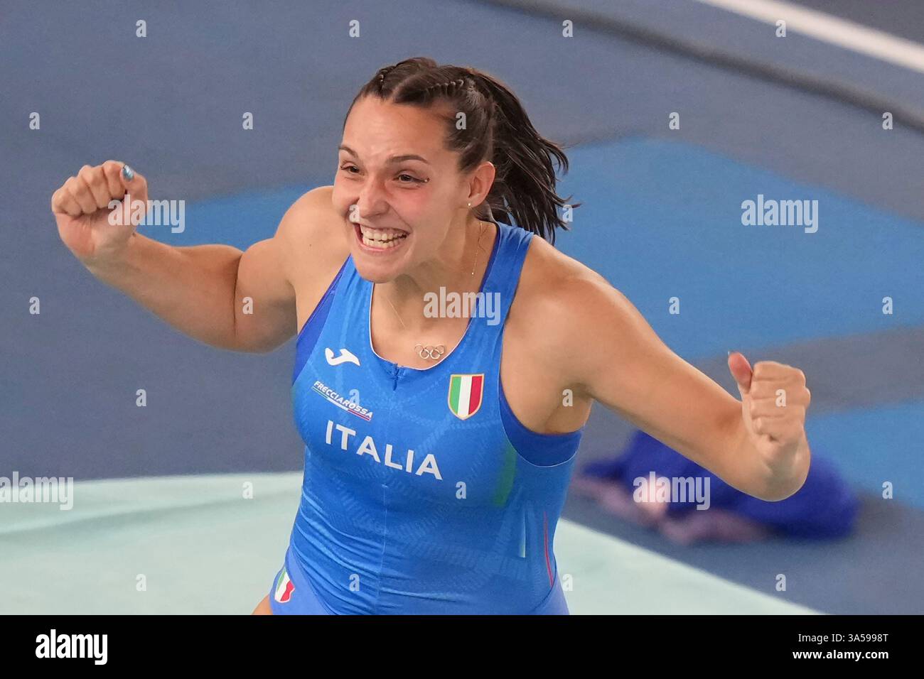 Elisa Molinarolo, of Italy, celebrates after competing in the women's ...