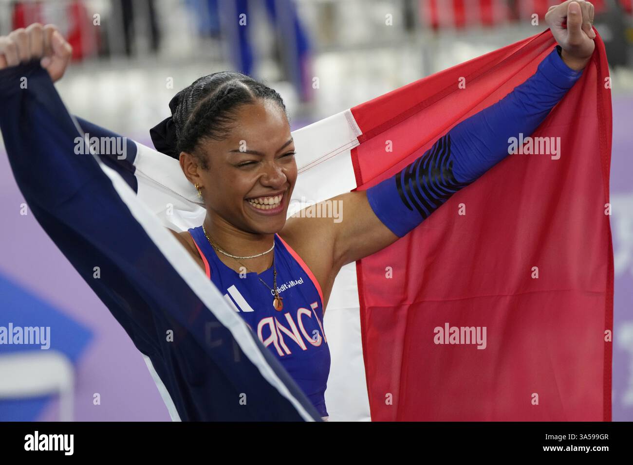 Marie-Julie Bonnin, of France, celebrates after winning gold in the ...