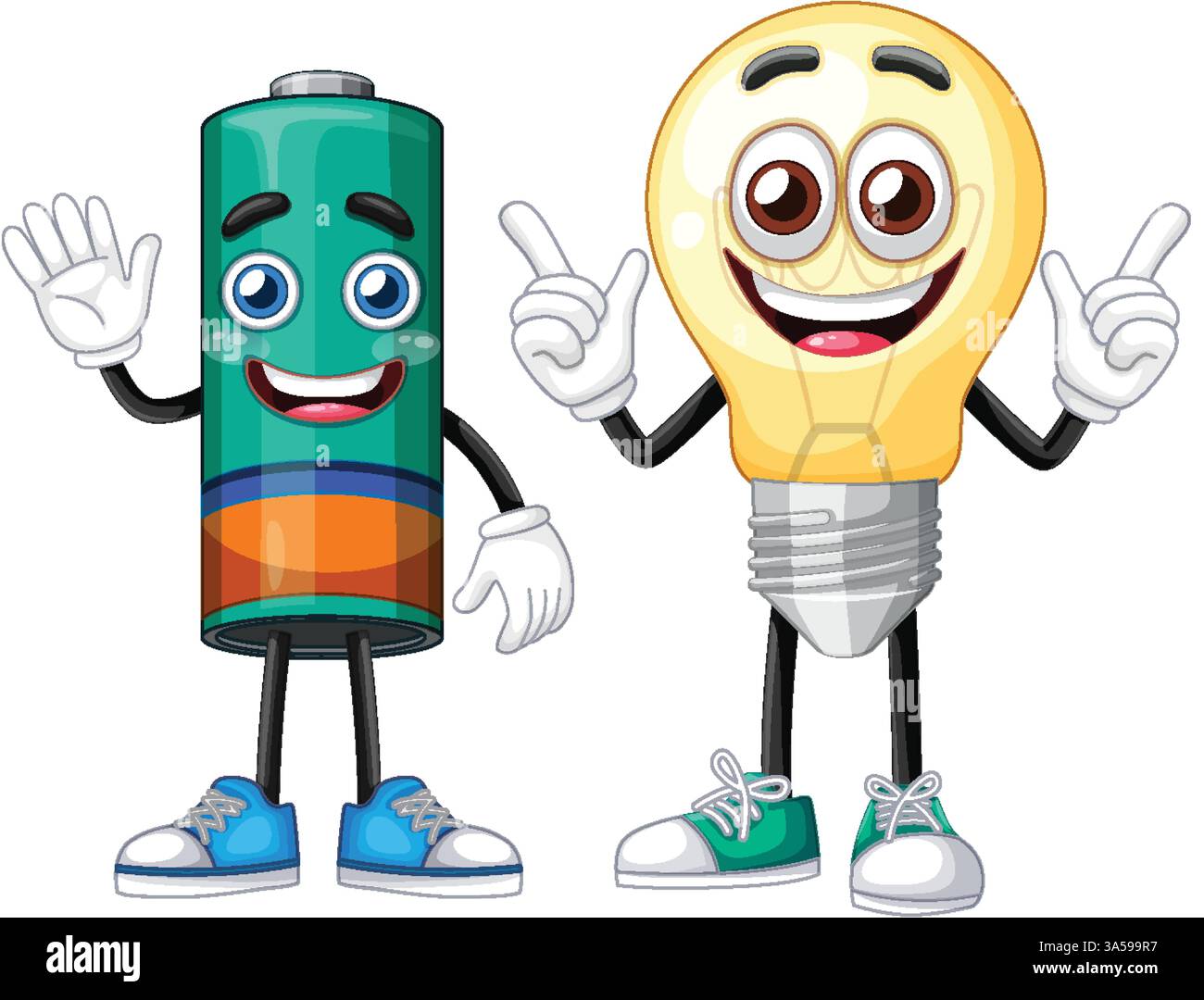 Vector illustration of a smiling battery and light bulb with animated ...