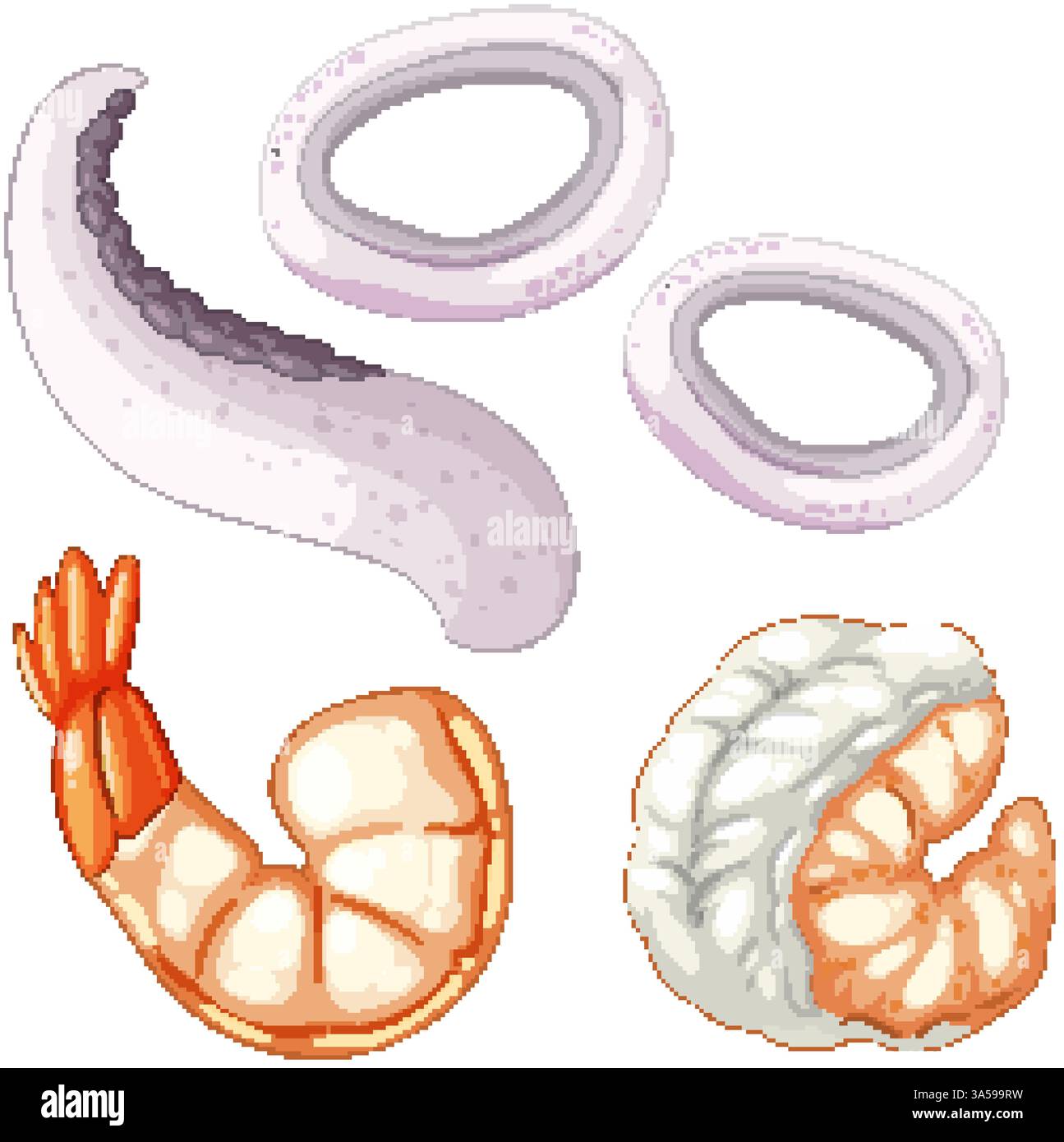 Colorful vector illustration of shrimp and squid pieces. Clean lines ...