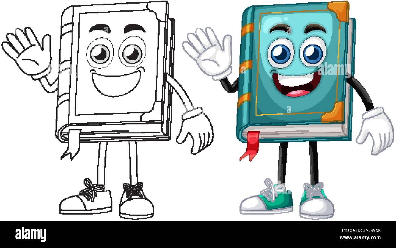 Vector illustration of two animated book characters, one colored and ...